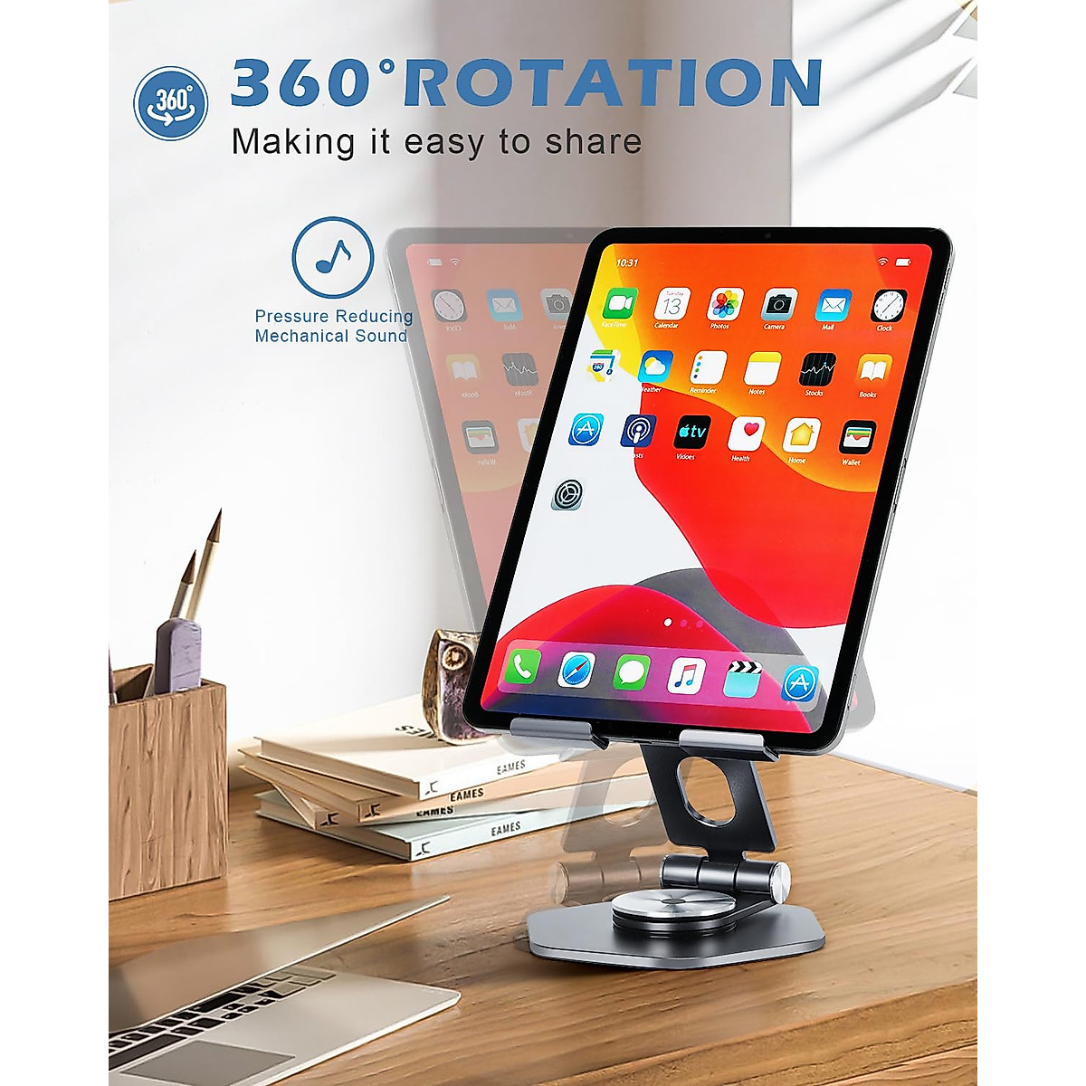 SOJUNER Tablet Stand Holder for Desk, Swivel iPad Stand with 360 Rotating Base, Aluminum Foldable Desktop Stand Holder Compatible with All Tablet Such as iPad Pro 12.9,11,10.5,9.7, Grey