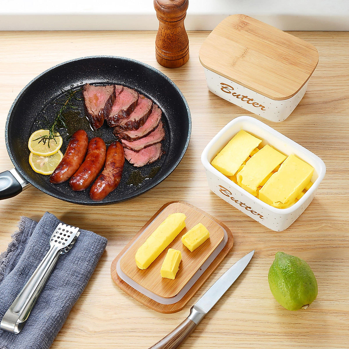 LOVECASA Butter Dish with Lid for Countertop, Porcelain Butter Keeper Holds up to 2 Sticks, Airtight Covered Butter Holder Container Perfect for Farmhouse Kitchen Decor Gift(Gold)