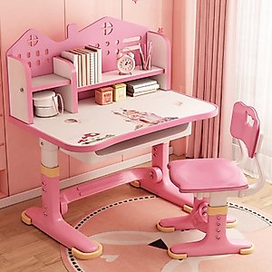 yifaeux Kids Functional Desk and Chair Set, Study Desk for Children with Chair, Kids Desk and Chair Set,Height Adjustable Children School Study Desk with Storage Drawer for Boys Girls Pink