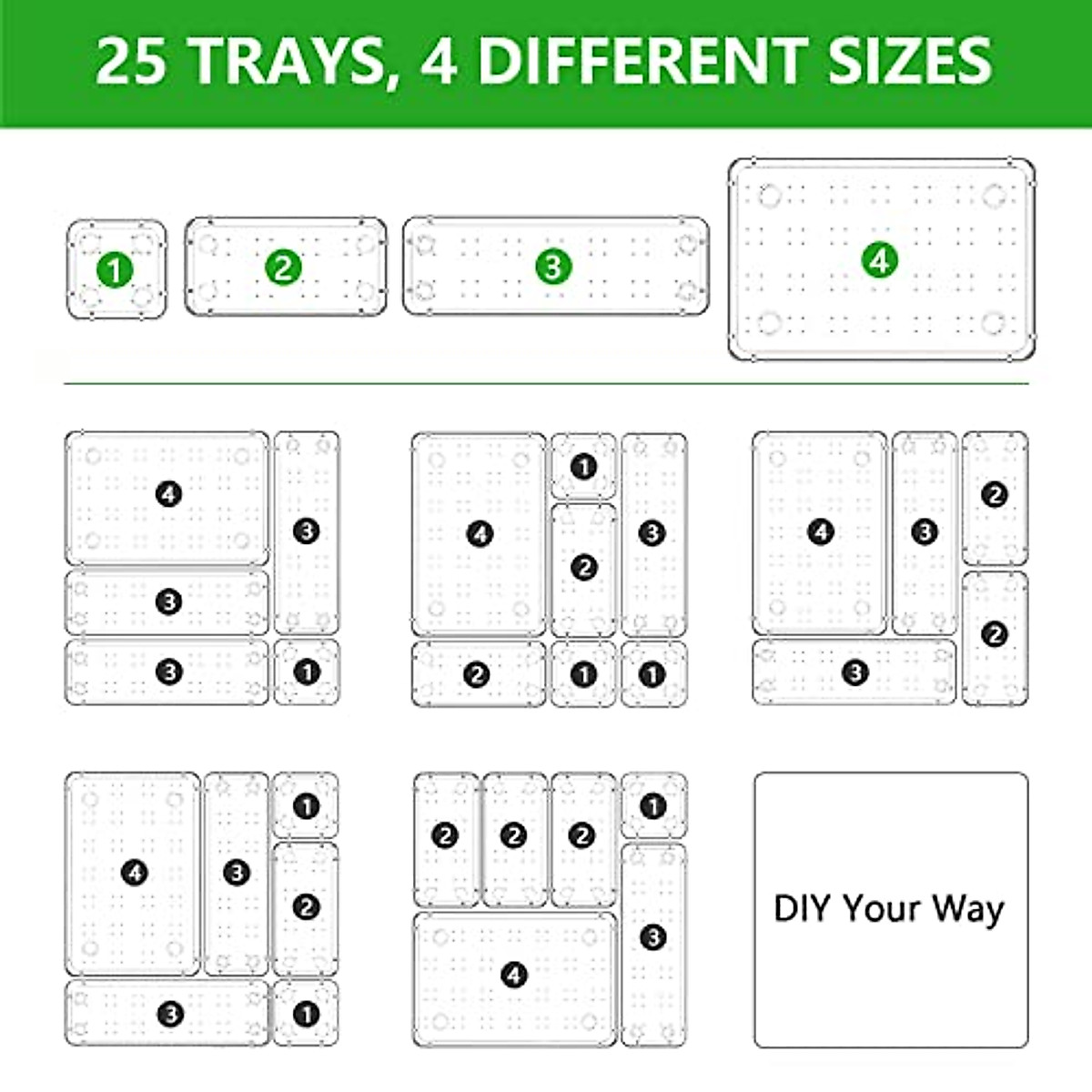 POGEAIR 25Pcs Clear Drawer Organizer Set with Non-Slip Silicone Pads,4 Sizes Plastic Kitchen Drawer Organizers,Storage Bins for Bedroom Dresser,Bathroom,Office,Jewelry,Desk