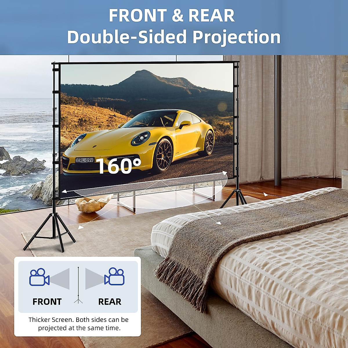 Projector Screen and Stand,Towond 100 inch Projection Screen Outdoor Indoor, Portable 16:9 4K HD Rear Front Movie Screen with Carry Bag Wrinkle-Free Design for Home Theater Backyard Cinema