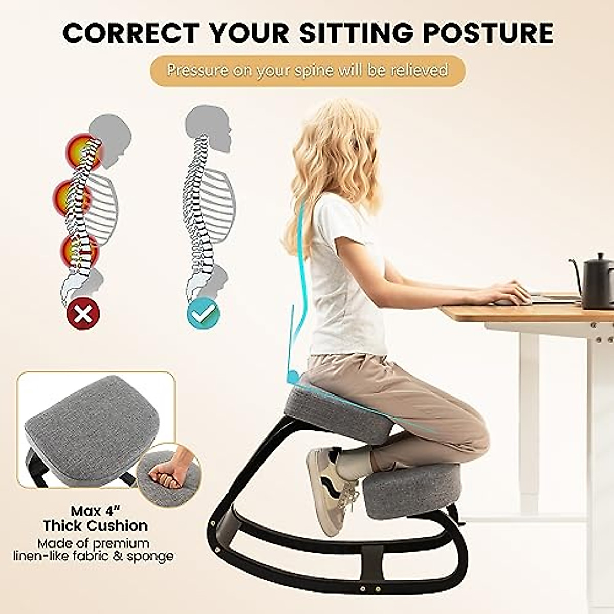 Goplus Kneeling Chair, Ergonomic Posture Chair with 4” Thick Padded Cushion, 330LBS Capacity, Ergo Kneel Support Stool for Back Neck Pain, Rocking Kneeling Desk Chair for Office Home (1)