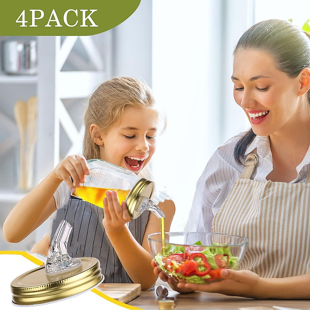 Mason Jar Pour Spouts. free flow Mason Jar Pour Spouts, mason jar for spout regular mouth size 70mm dispenser germination cover. Suitable for any liquid. Leak-Proof,Gold (2-Pack + 2 Black Lid Caps)