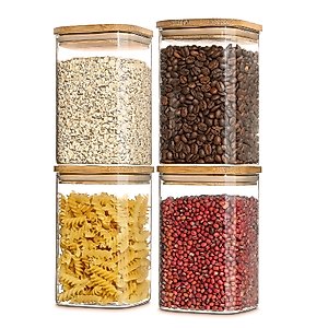 40oz Glass Food Storage Jars with Bamboo Lids, Clear Square Airtight Kitchen Storage Container Sets, Stackable Glass Pantry Food Canisters for kitchen Counter, Candy, Cookie, Rice, Cereal (Set of 4)
