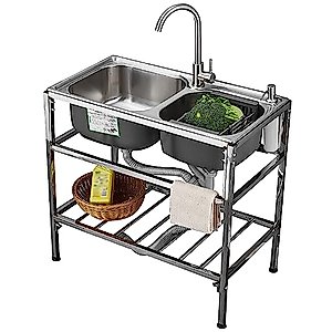 ADASTE Garage Sink Large Double Bowl Sink,Commercial Sink with Drainer Portable Sink with Hot and Cold Water，for Laundry, Backyard, Restaurant