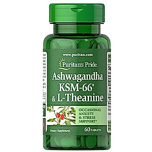 Puritans Pride Ashwangandha KSM66 & L-Theanine, Helps Relieve occassional Stress and Anxiety, 60 Count, White