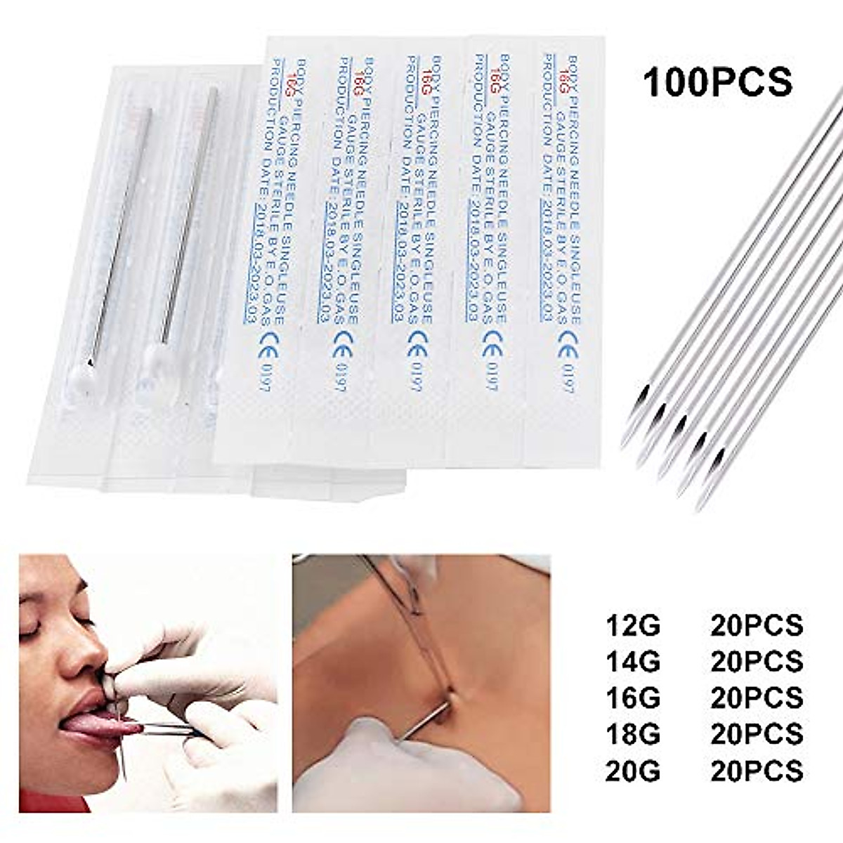 Ear Nose Piercing Needles - 100pcs Mix Body Piercing Needles 12g.14g.16g.18g.20g Individualized Package for Piercing Needle Supplies Piercing Kit