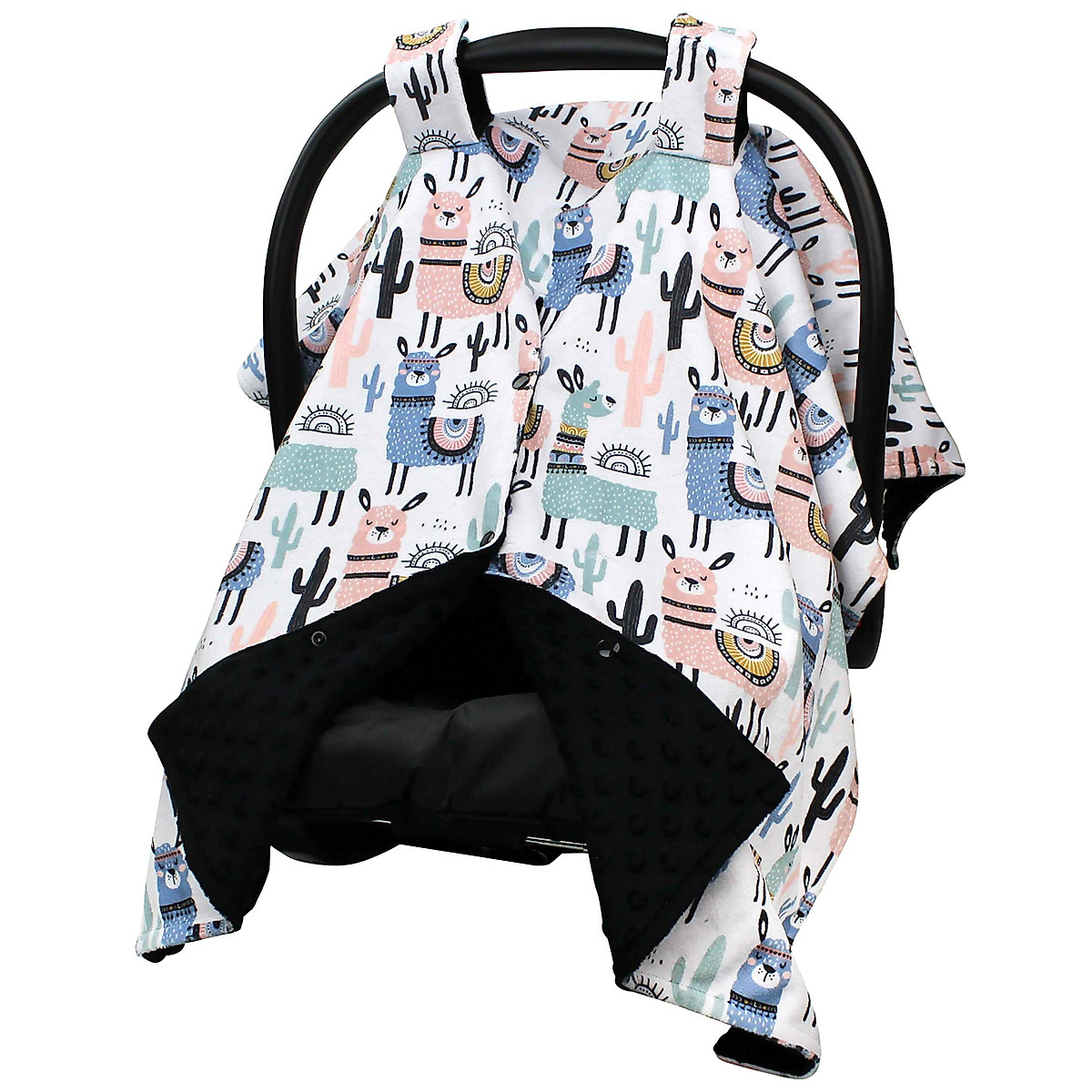 Baby Car Seat Canopy Cover - Emperor Llamas with Black Minky Dot