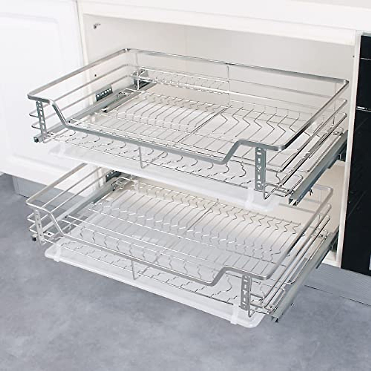 Pull Out Cabinet Drawer Organizer Heavy Duty Telescopic Double Tier Wire Basket Slide Out Shelf Storage 304 Stainless Steel Slide Out Cabinet Organizer for Cupboard, Pantry, Chrome (49W*42D*13H(cm))