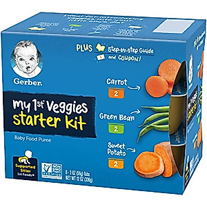 Gerber 1st Foods My First Veggies Starter Kit, 2 Carrot, 2 Green Bean, 2 Sweet Potato, Non-GMO Baby Food Puree Tubs, 6 CT Baby Food Tubs Per Pack (Pack of 4)