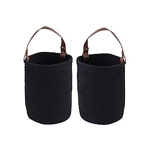 JJSQYLAN Hanging Basket(2Piece) Wall Woven Cotton Rope Storage Basket with Leather Decorative Baskets Organizer for Kitchen Office Bedroom,Plants,Towels, Toys