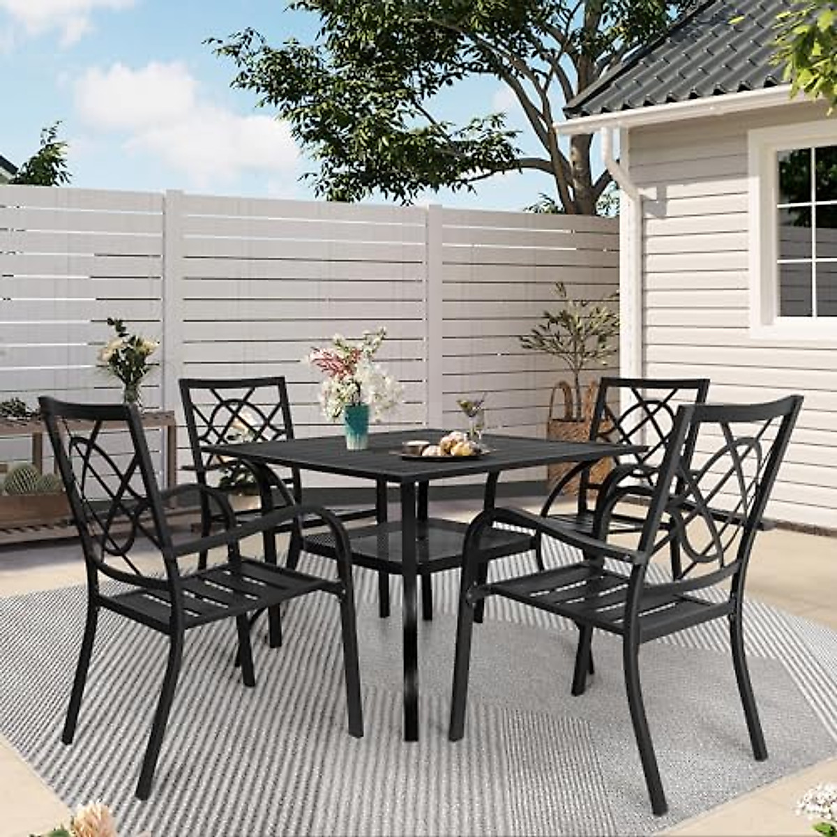 SUNCROWN 5-Piece Outdoor Wrought Iron Chairs and Table Patio Dining Furniture Set - 4 Stackable Metal Chairs, 1 Steel Slat Bistro Table for Garden Backyard Deck