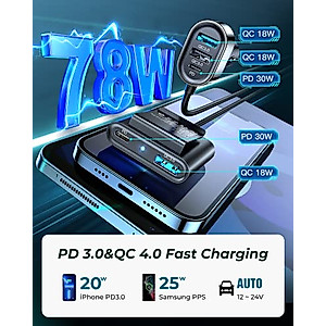 USB C Car Charger, 78W JOYROOM Fast Car Charger 5 Multi Port Cigarette Lighter USB Adapter, PD3.0&PPS Double Type C Adapter, QC3.0 Car Cell Phone Charger Fast Charge for iPhone 14/13 Samsung Android