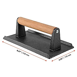 SINJEUN 2 Pack 8 x 4 Inch Cast Iron Steak Weight, Commercial Grade Bacon Press with Wooden Handle, Heavy Weight Grill Press Pre Seasoned Burger/Panini Weight Press for Grills, Pans, Griddles