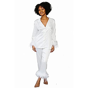 Belle's Design Women's Feather Trim Silk Satin Pajama Button Down Long Sleeve and Pants Set Sleepwear Loungewear S To XXL (White, Small)