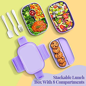 MKAVOE Bento Box Adult Lunch Box, 3-in-One Stackable Bento Lunch Box for Kids/Adults, 8 Compartments & Utensil Set Lunch Box Kids, Leak-Proof Bento Boxes for Work, Picnic, School