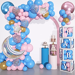 137Pcs Baby Boxes Gender Reveal Balloon Decorations Kit, Pink & Blue Balloon Arch with 4pcs Baby Boxes with Letters (A-Z+Baby) for Baby Shower Boy or Girl Gender Reveal Party Decor Birthday Supplies