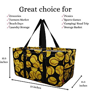 NGIL Extra Large Utility Tote Reusable Grocery Organizing Bag Oversized Collapsible for Storage, Picnic,Car, Beach (Softball-black)