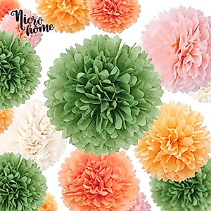 NICROHOME Baby Shower Decorations, 16PCS Sage Green, Bright Orange Tissue Paper Pom Poms for Birthday, Wedding, Spring Summer Party