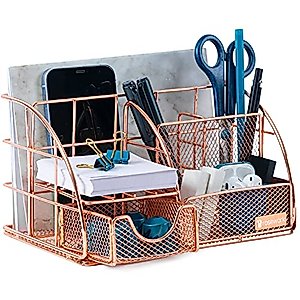 rosework Rose Gold Desk Organizer for Women, Mesh Office Supplies Desk Accessories, Features 5 Compartments + 1 Mini Sliding Drawer