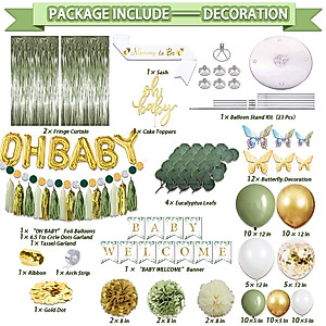 Guudmua 217 Pcs Sage Green Baby Shower Decorations, Neutral Baby Shower Decor Supplies- Disposable Dinnerware Set With Eucalyptus Leaf (25 Guest), "OH BABY" Banner, Balloon, Sash, Cake Topper