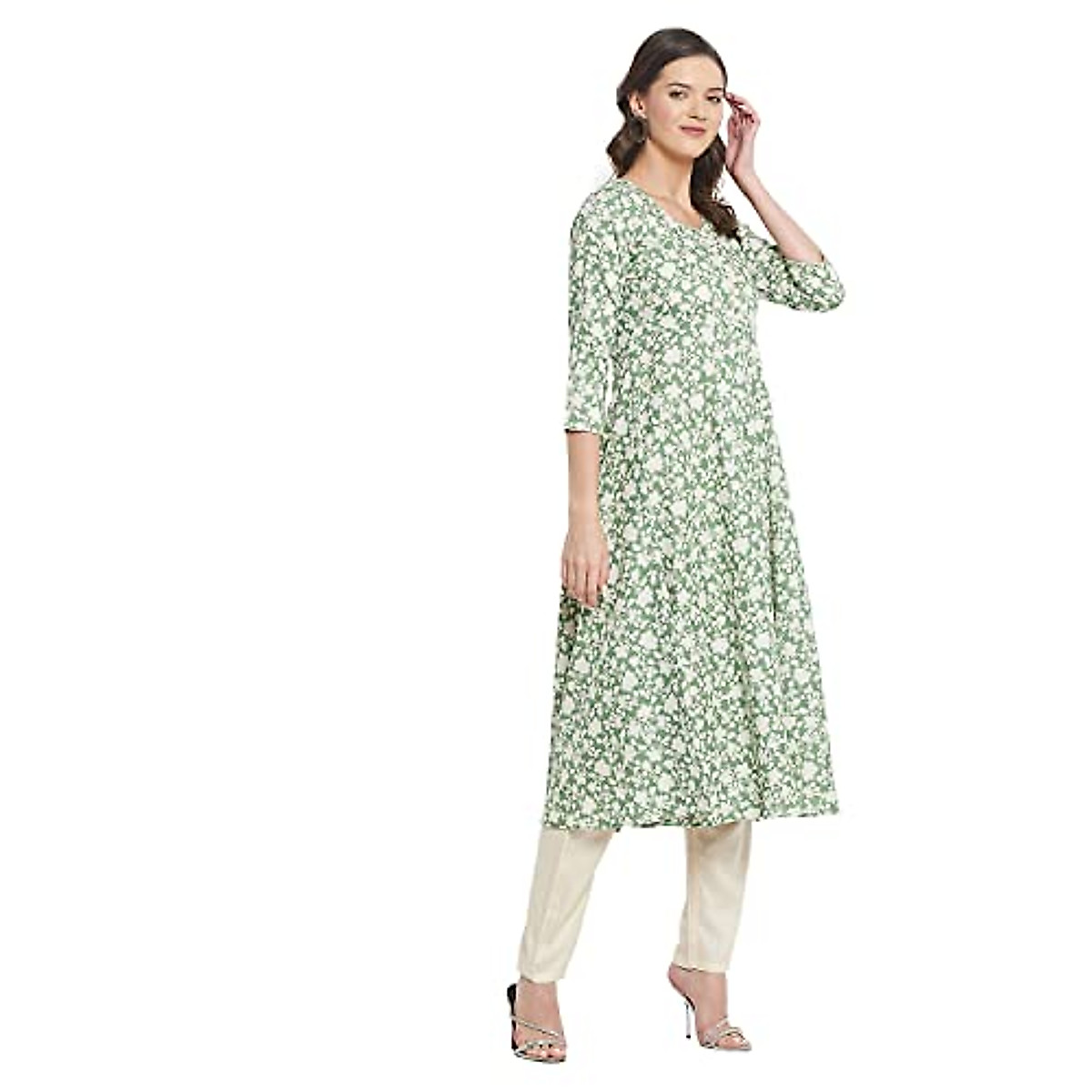 Tissu Women's Rayon Green & Beige Floral Printed Flared Kurta 2144_Green_XS