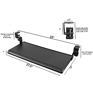 Stand Up Desk Store Large Clamp-On Retractable Adjustable Height Under Desk Keyboard Tray | for Desks Up to 1.5" (Large, 33" Wide)