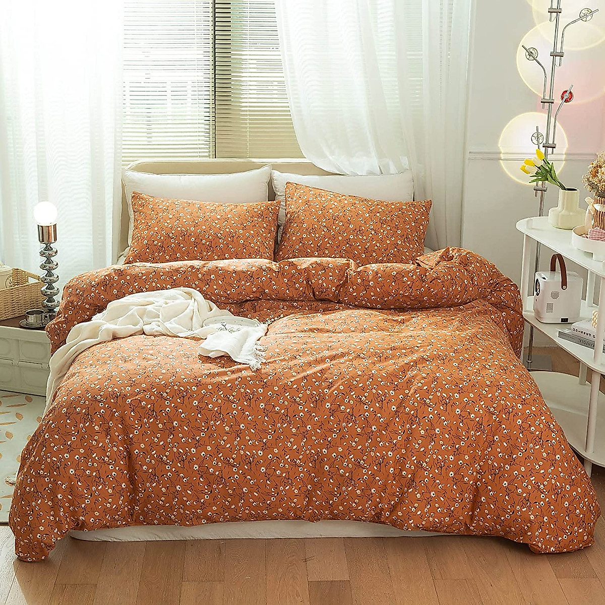 LifeTB Garden Style Orange Floral Duvet Cover King Boho Flower Botanical Bedding Sets Burnt Orange Pumpkin Color Comforter Cover 100% Cotton Floral Bedding Sets 1 King Duvet Cover with 2 Pillowcases