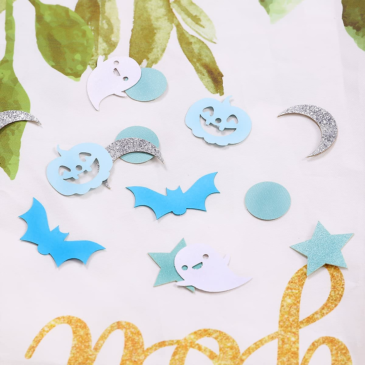 200PCS Boys Party Confetti Star Confetti for Table Blue Teal White Table Scatter Confetti with Ghost Moon Bat Pumpkin Star Circle Dots for Kids’ Halloween Theme Birthday Party Baby Shower
