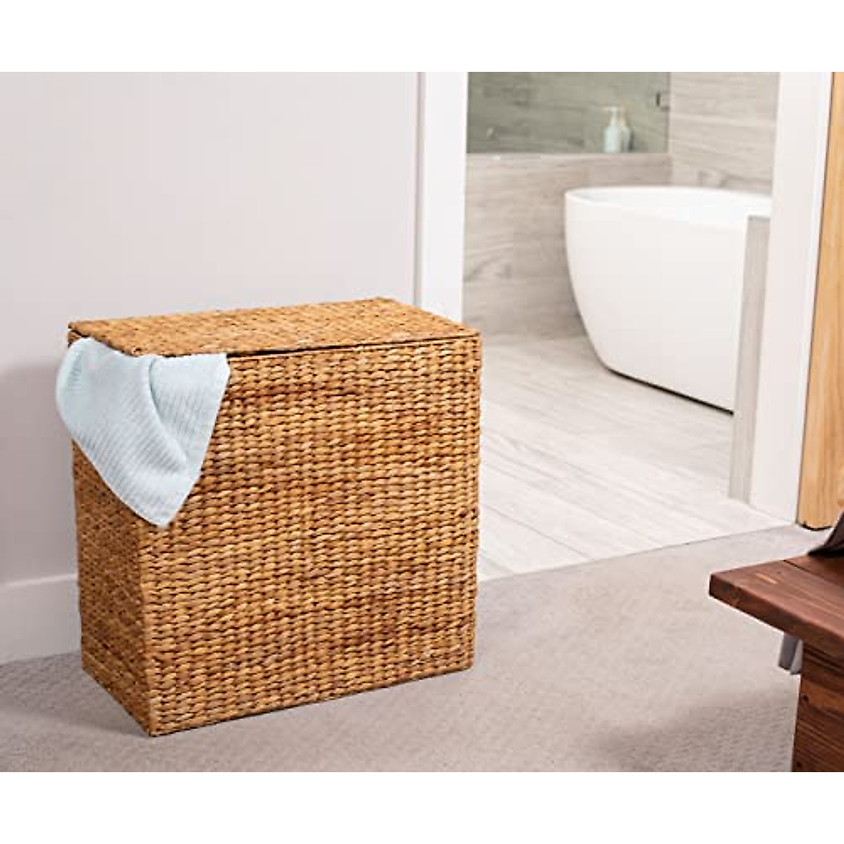 BirdRock Home Water Hyacinth Laundry Hamper Divided Interior (Natural) - Eco Friendly - Made of Hand Woven Hyacinth Fibers - Includes Two Removable Cotton Liners Bag - Wicker Laundry Basket with Lid
