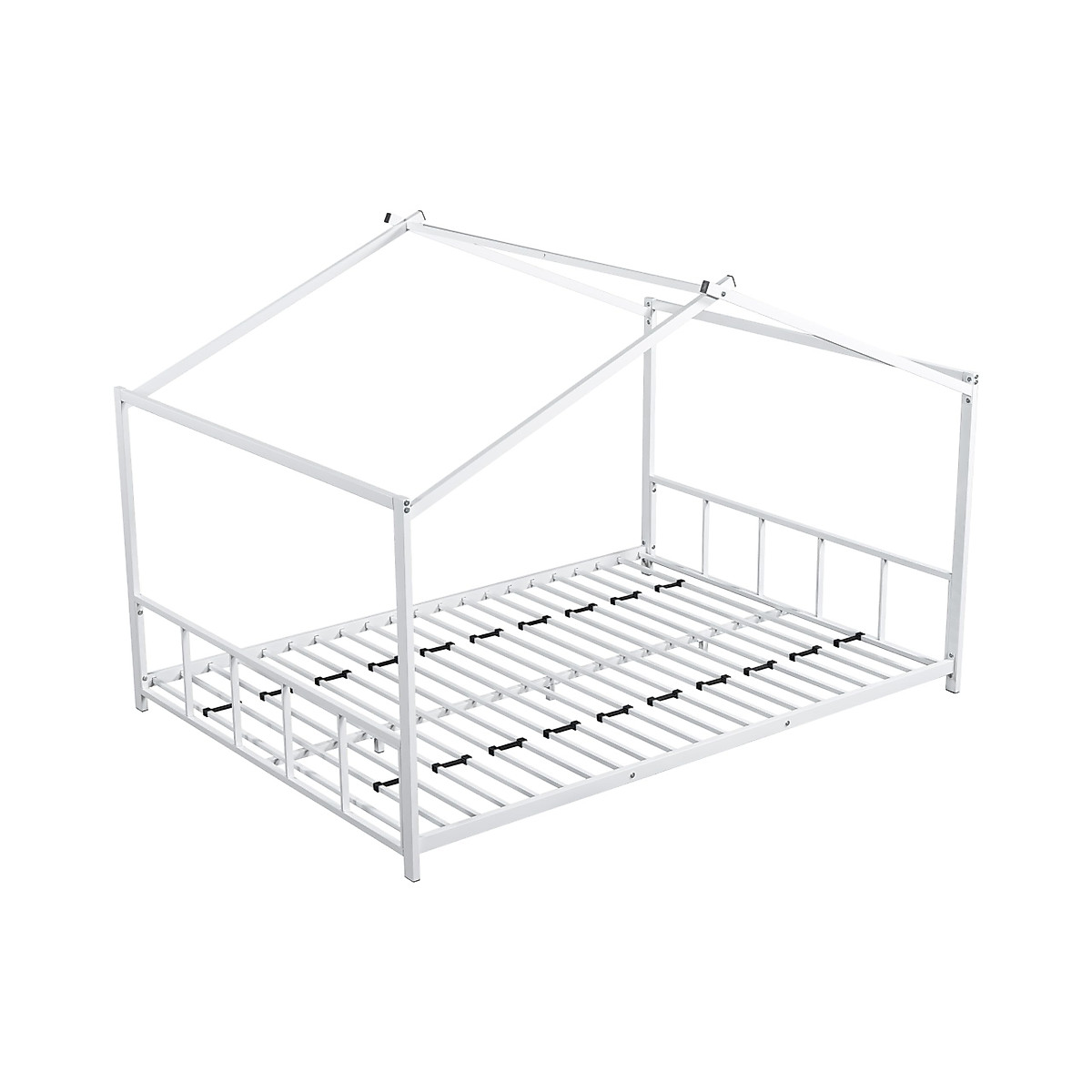 DNYN Full Size Metal House Bed with Roof Design for Kids Bedroom,Sturdy Steel Bedframe,No Box Spring Needed, White