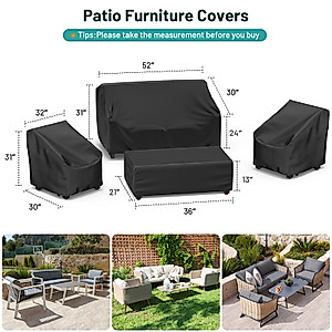 Mrrihand Patio Furniture Covers, 4 Piece Outdoor Furniture Cover Waterproof includ Ourdoor Sofa Cover, 2 Chair Covers, Coffee Table Cover with Windproof Buckle Strap and Adjustable Drawstring