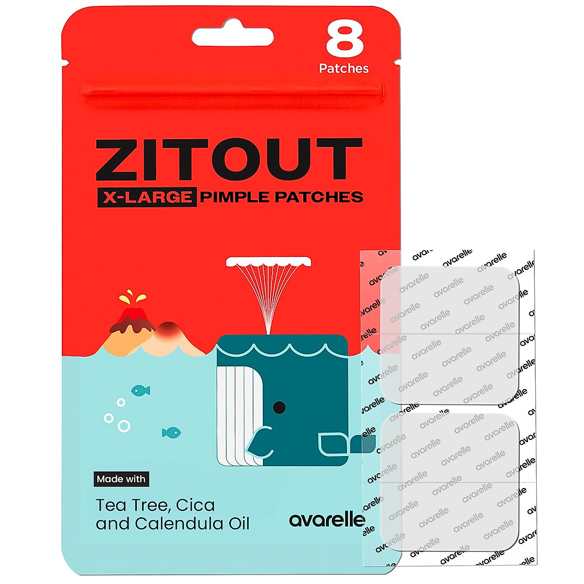 AVARELLE Acne Patches XL, FSA HSA Acne Patch Large | Pimple Patches for Face Cheek & Nose (8 Count) | Large Hydrocolloid Acne Treatment with Tea Tree, Calendula, & Cica by ZITOUT™