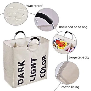 110L Large Laundry Basket Hamper with Handles - 3 Section Collapsible Oxford Fabric Laundry Bag, Waterproof Washing Bin Dirty Clothes Laundry Hamper for Bedroom Bathroom (Beige)