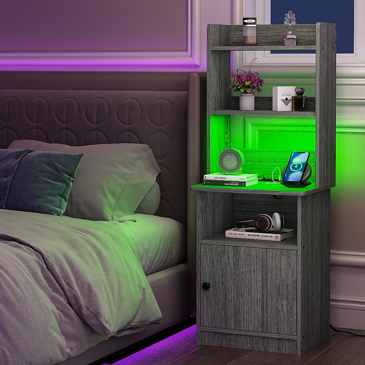 Clikuutory 47" Tall Nightstand with Charging Station & LED Lights, Large Nightstand with Adjustable Bookshelf, Modern Bedside Table with Storage Cabinet for Bedroom, Home Office, Grey