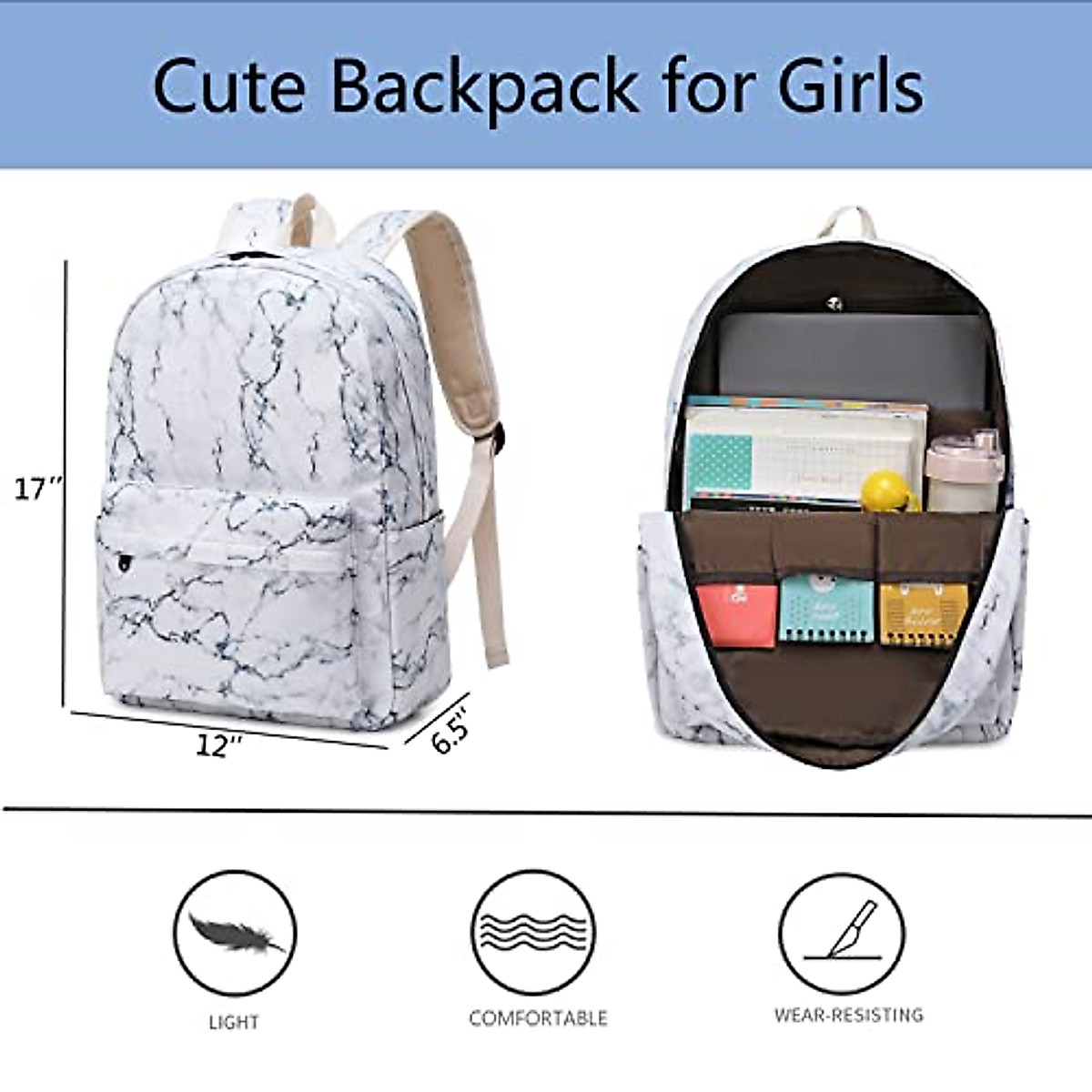 FLYMEI Marble Backpack for Girls, Cute Backpacks for School, Bookbags for Girls 15.6 Inch Lightweight Teens Backpack with Lunch Box, Laptop Backpack for School, Girls Backpacks