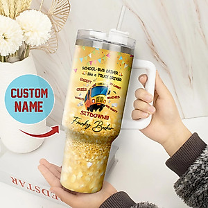 WAZONE Personalized Bus Driver Tumbler 40oz with Handle and Straw Stainless Steel Custom Name Student Delivery Specialist Cup Insulated Tumblers Back To School School Bus Driver Appreciation