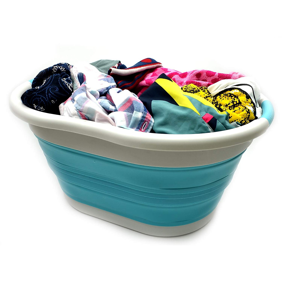 SAMMART 36L (9.5 gallon) Collapsible Plastic Laundry Basket - Oval Tub/Basket - Foldable Storage Container/Organizer - Portable Washing Tub - Space Saving Laundry Hamper, (Oval, Grey/Bright Blue)