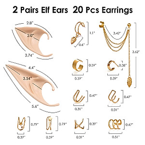 FRESHME Elf Ears with Piercings Earring Cuffs Set, Soft Fairy Elf Ears with Non-Piercing Gold Earrings Tassel Chain Cartilage Clips for Women Christmas Renaissance Halloween Costume Accessories