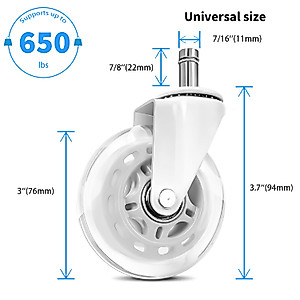 Office Chair Wheels Replacement,(Set of 5) 3'' Rollerblade Wheels Smooth Rolling Heavy Duty Casters Safe for All Floors Including Hardwood - Universal Stem 7/16 Inch, White