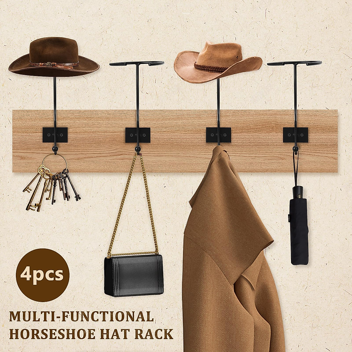 QUUREN Cowboy Hat Rack for Wall 4 Pack Rustic Metal Cowboy Hat Holder Cast Iron Cowboy Hat Hanger Western Horseshoe Hooks for Storage and Display at Closet Bedroom Living Room for Hats Coats Keys