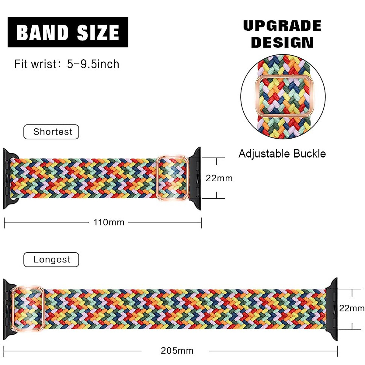 Wangmai Compatible with Apple Watch Band 38mm 40mm 41mm 42mm 44mm 45mm 49mm, Adjustable Stretchy Elastic Braided Solo Loop Wristbands for iWatch Series 8 7 6 5 4 3 2 1 SE Ultra, Rainbow 38mm/40mm/41mm