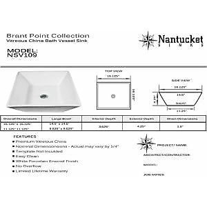 Nantucket Sinks NSV109 16-Inch Square Ceramic Vessel Pyramid Vanity Bathroom Sink, White