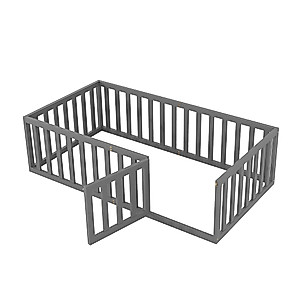 LZ LEISURE ZONE Twin Size Daybed Frame with Fence, Solid Wood Floor Bed Frame for Kids with Door, Twin Platform Bed for Boys and Girls, Gray