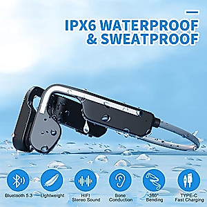 VOFUOE Bone Conduction Headphones, Open Ear Wireless Bluetooth Headset, Sports Headsets with Microphone IPX6 Sweatproof Earphones Bluetooth 5.3 Earbuds for Running, Gym, Hiking, Cycling-Black & Grey
