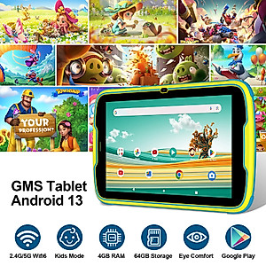PRITOM 8 inch Kids Tablet, Android 13, 4GB RAM, 64GB ROM,Parental Control, Kids app, Quad Core Processor, 1280 * 800HD IPS Screen, Dual Camera, 2.4G&5G Wifi6, with Durable Stand(Yellow)