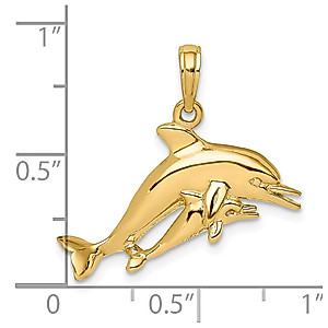 Solid 14k Yellow Gold 2-D DOUBLE DOLPHINS SWIMMING Charm Pendant - 15mm x 24mm