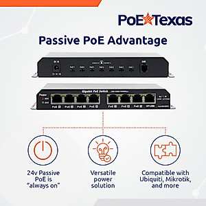 PoE Texas 8 Port Passive PoE Switch - 24v Passive Unmanaged Network Gigabit PoE Switch w/ 1 Uplink Port, Power 7 Devices, Includes 24 Volt 60 Watt Power Supply, for Ubiquiti & Mikrotik Devices