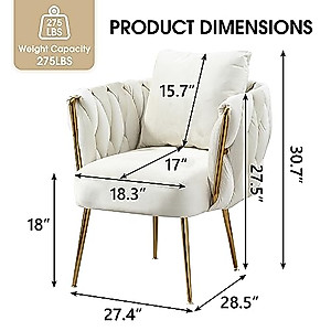 NIOIIKIT Modern Velvet Accent Chair, Hand Weaving Upholstered Armchair with Throw Pillow, Leisure Single Reading Sofa Chair with Gold Metal Legs for Living Room, Bedroom, Office (Beige)