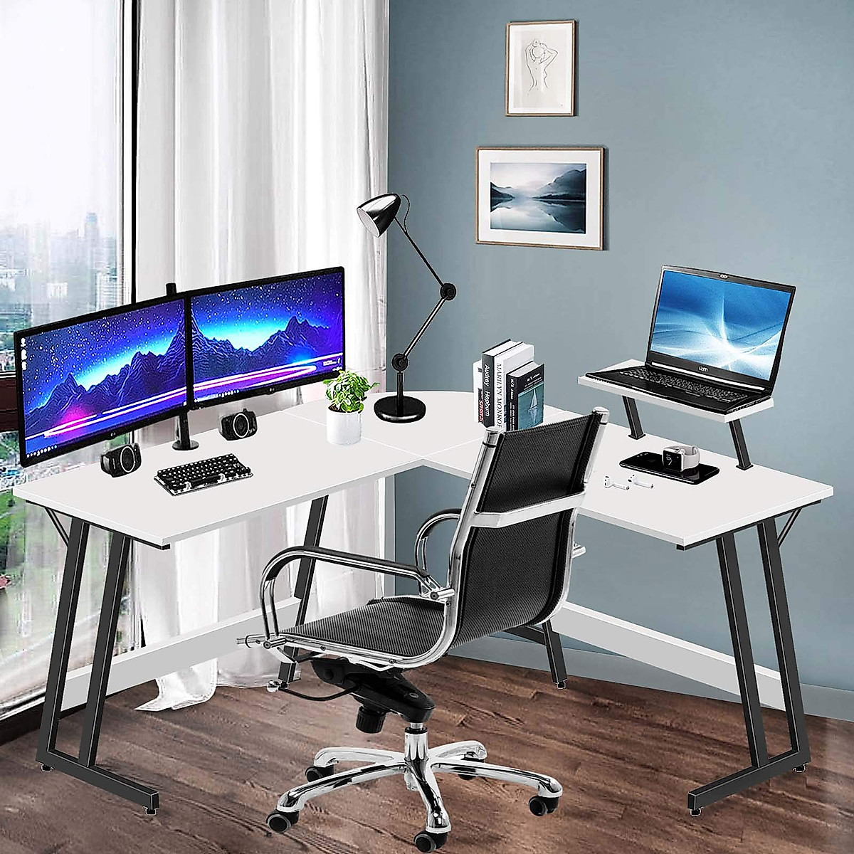 Lufeiya L Shaped Desk White Corner Computer Desks for Small Space Home Office Student Study Bedroom PC Work,51 Inch Modern L-Shaped Writing Table with Monitor Stand